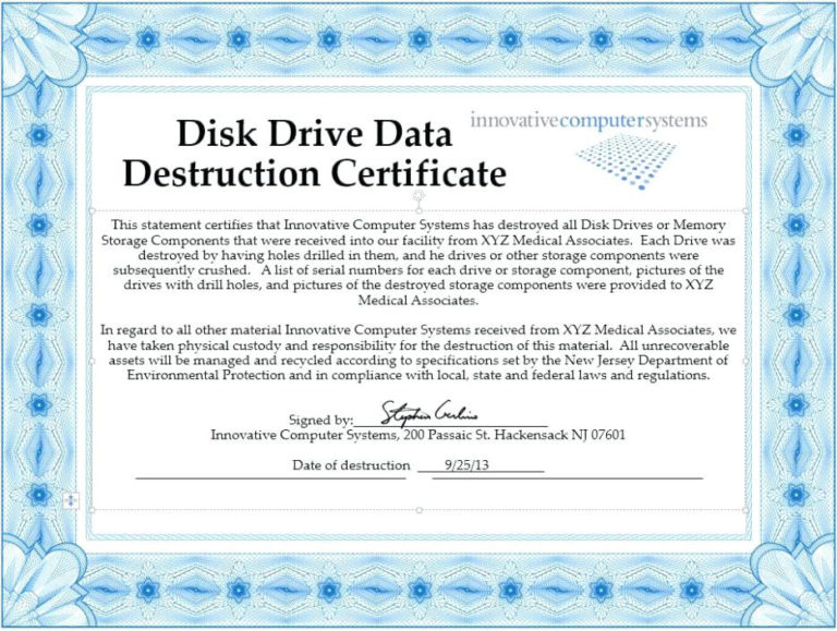 Hard Drive Destruction Certificate Template (1) - TEMPLATES EXAMPLE ...