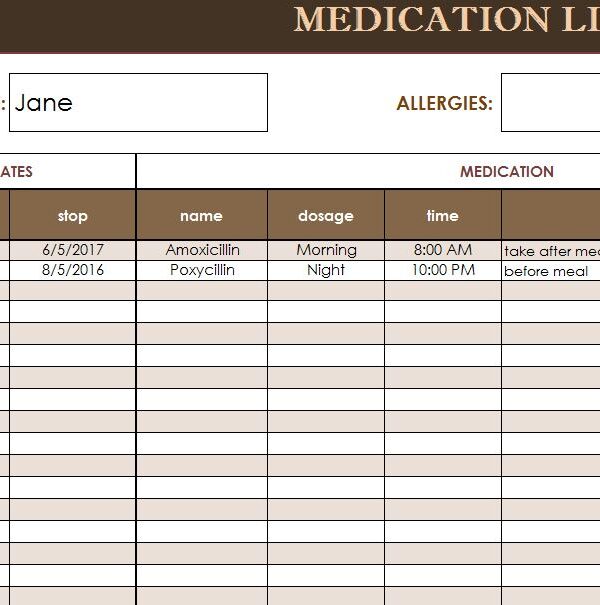 Blank Medication List Templates (4) - TEMPLATES EXAMPLE | TEMPLATES EXAMPLE