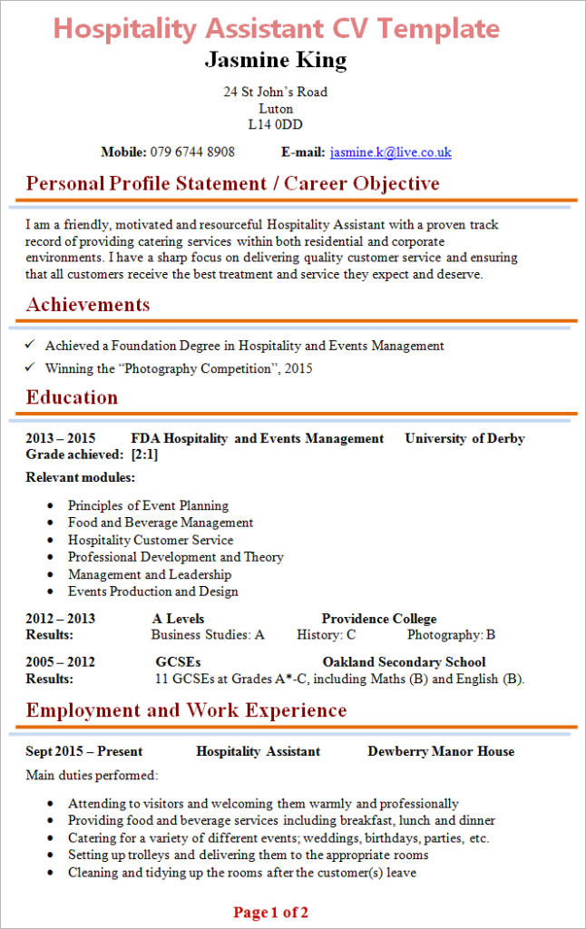 Cv Templates Hospitality - TEMPLATES EXAMPLE | TEMPLATES EXAMPLE
