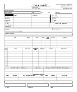 Blank Call Sheet Template (4) - TEMPLATES EXAMPLE | TEMPLATES EXAMPLE