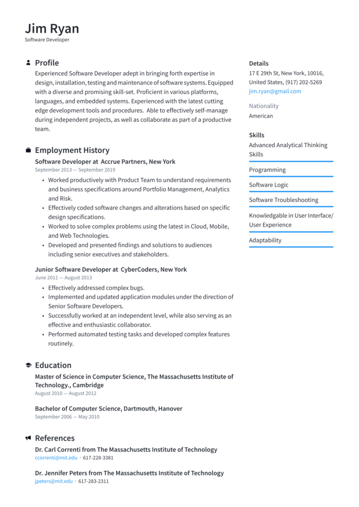 Resume Templates Software Engineer (5) - TEMPLATES EXAMPLE | TEMPLATES ...
