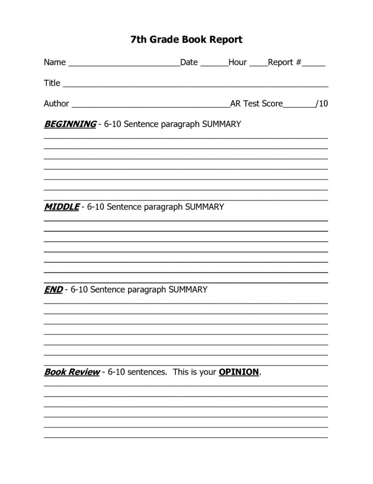 Book Report Template Grade 7 (1) - TEMPLATES EXAMPLE | TEMPLATES EXAMPLE