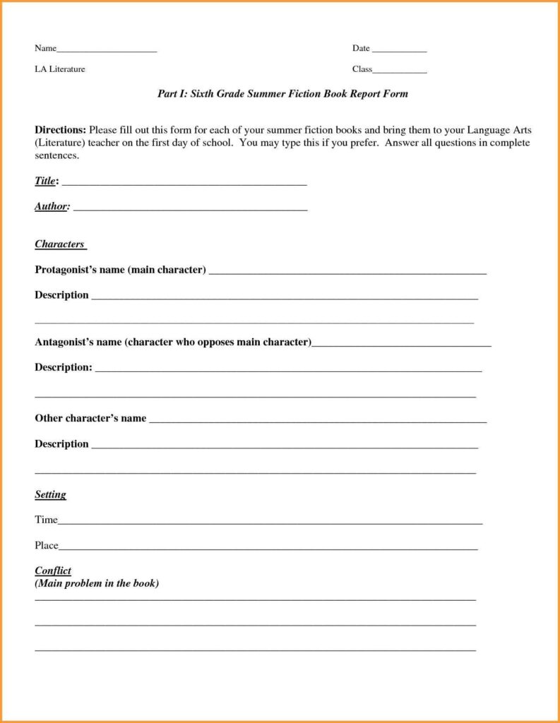 Grade 6 Book Report Template